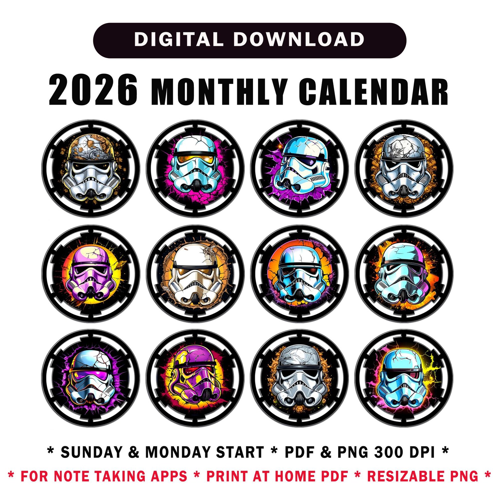 2026 Monthly Printable Calendar: Trooper Helmets. Dark Side Imperial ...