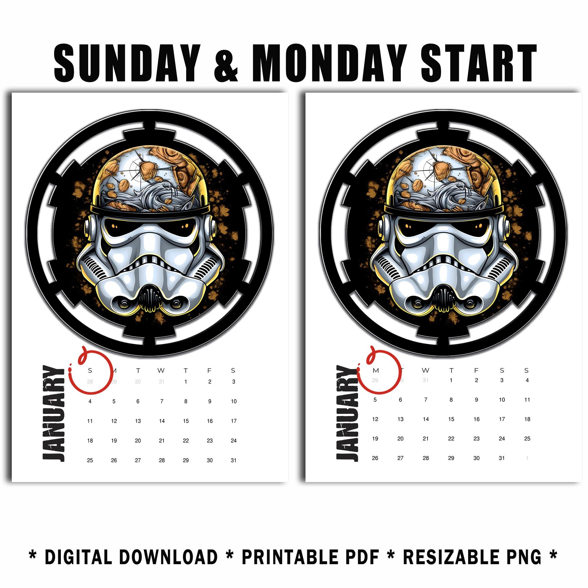 2026 Monthly Printable Calendar: Trooper Helmets. Dark Side Imperial ...