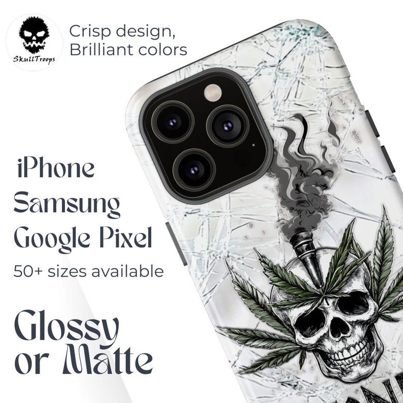 Personalized Skull Stoner Tough Phone Case. Cracked Glass, Weed Leaves ...
