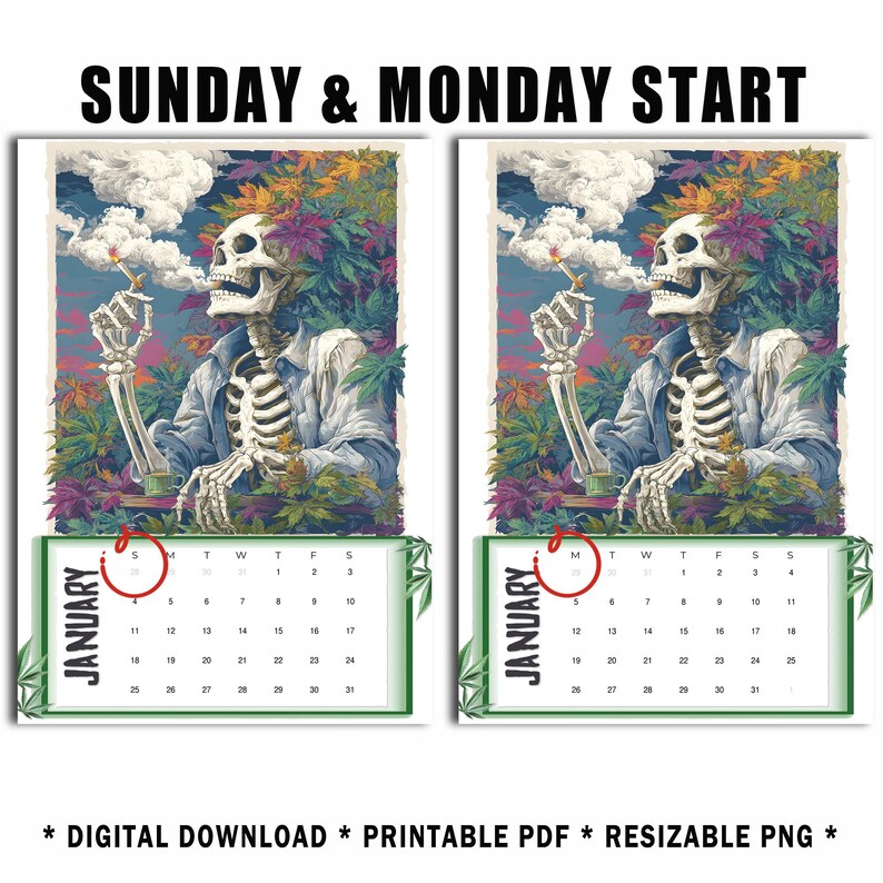 2026 Skull Stoner Monthly Calendar. Artistic Cannabis Skeleton Wall Art ...