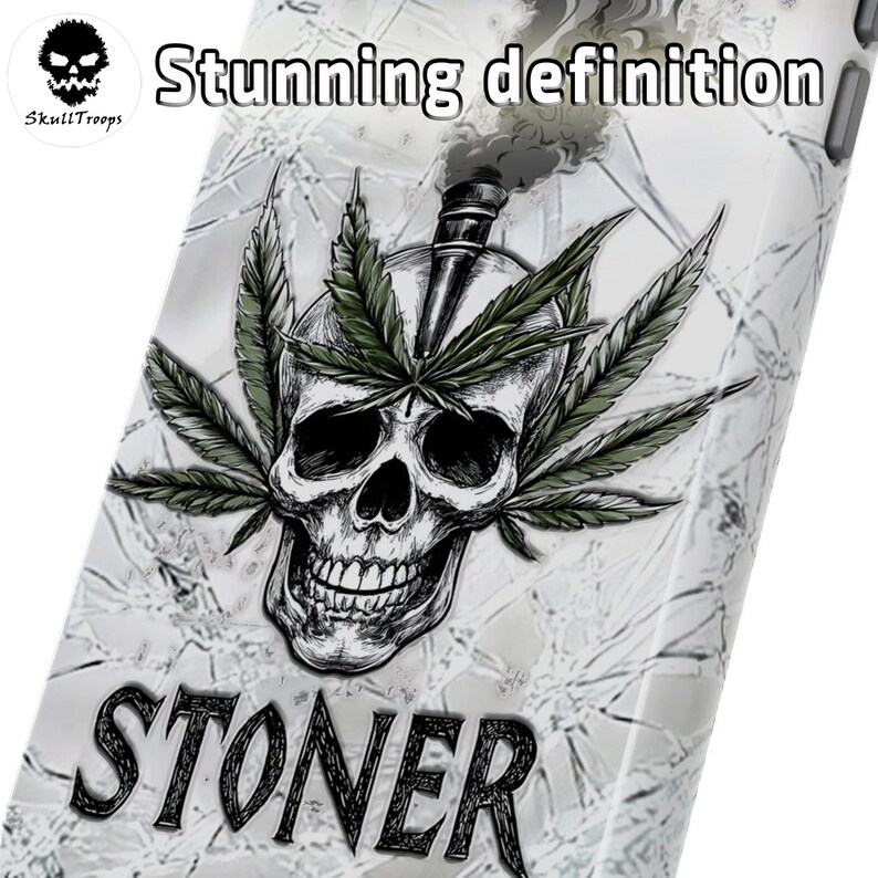 Personalized Skull Stoner Tough Phone Case. Cracked Glass, Weed Leaves ...