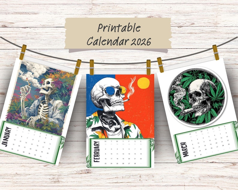 2026 Skull Stoner Monthly Calendar. Artistic Cannabis Skeleton Wall Art ...
