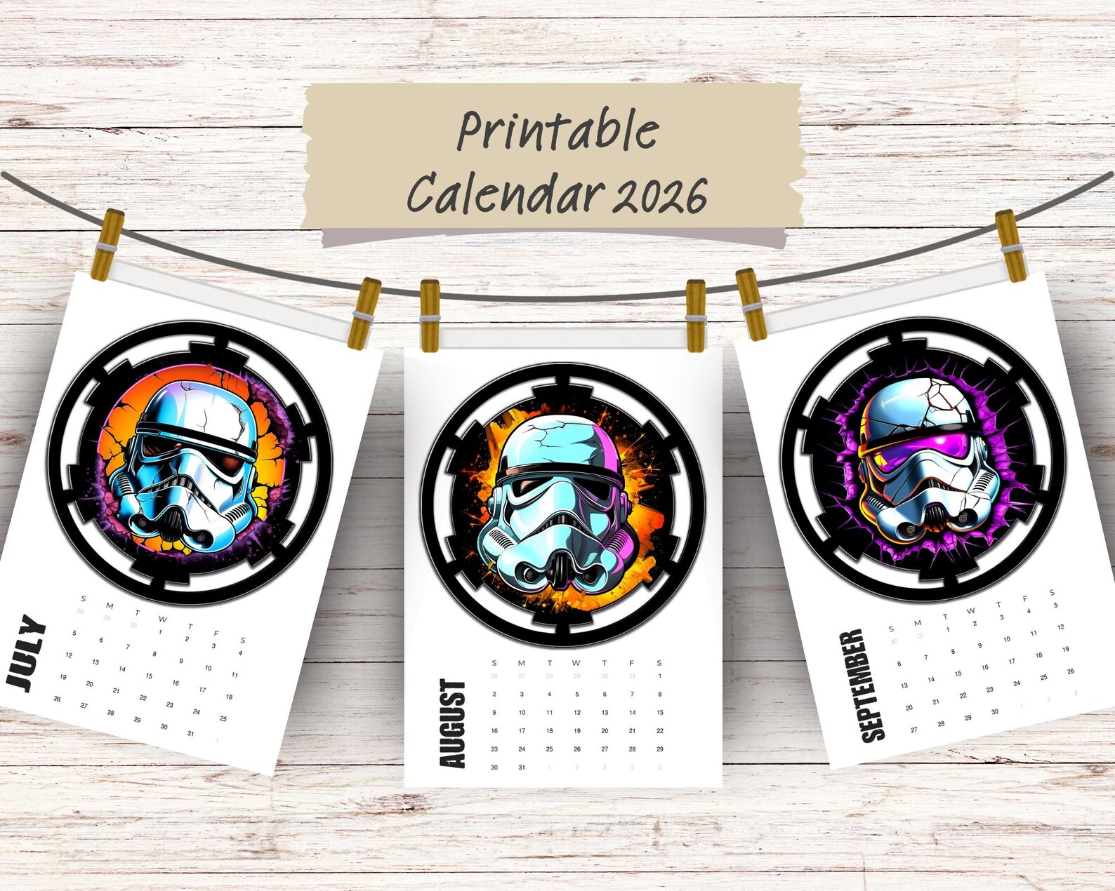 2026 Monthly Printable Calendar: Trooper Helmets. Dark Side Imperial ...