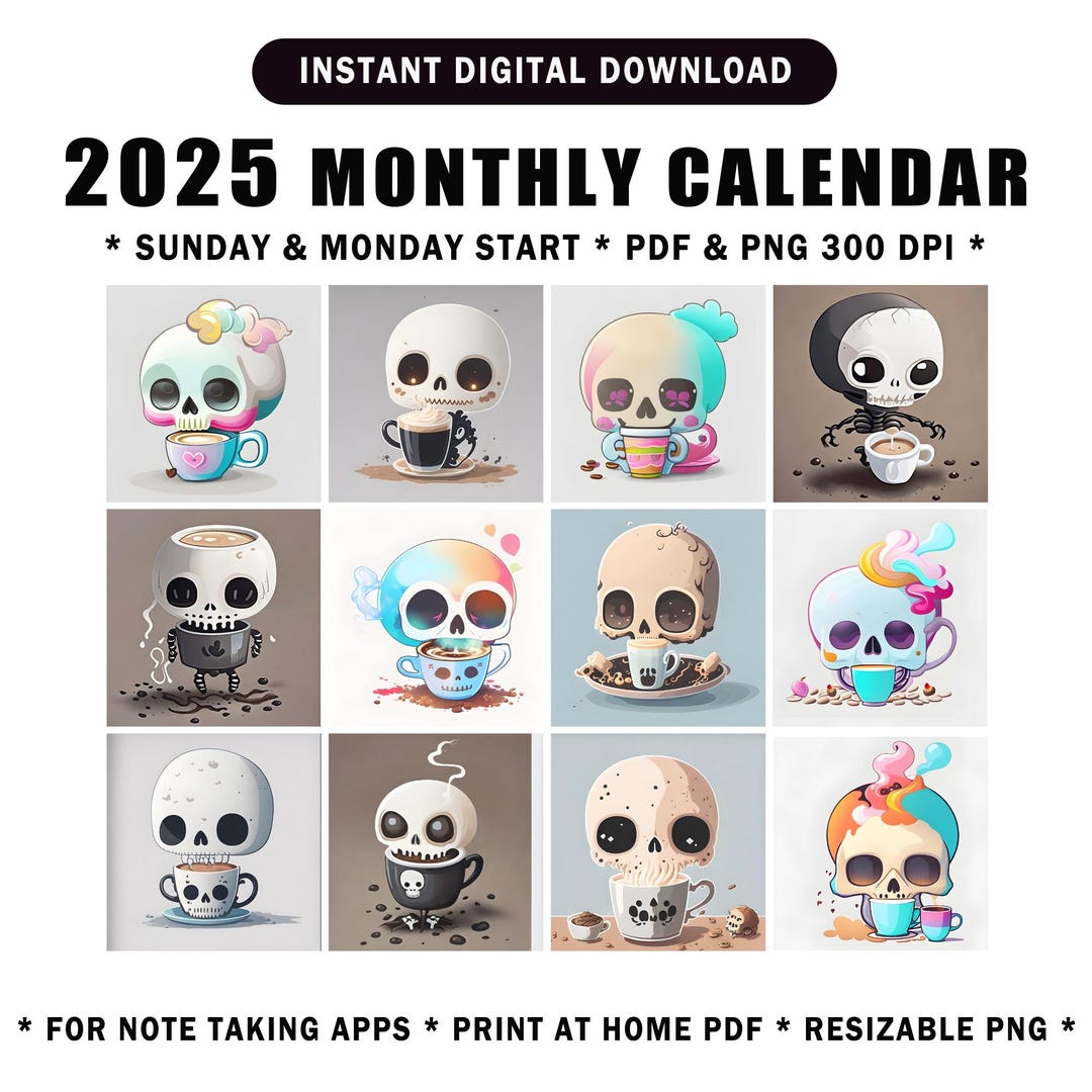 2025 Monthly Calendar Cute Skulls and Latte. Digital Printable ...