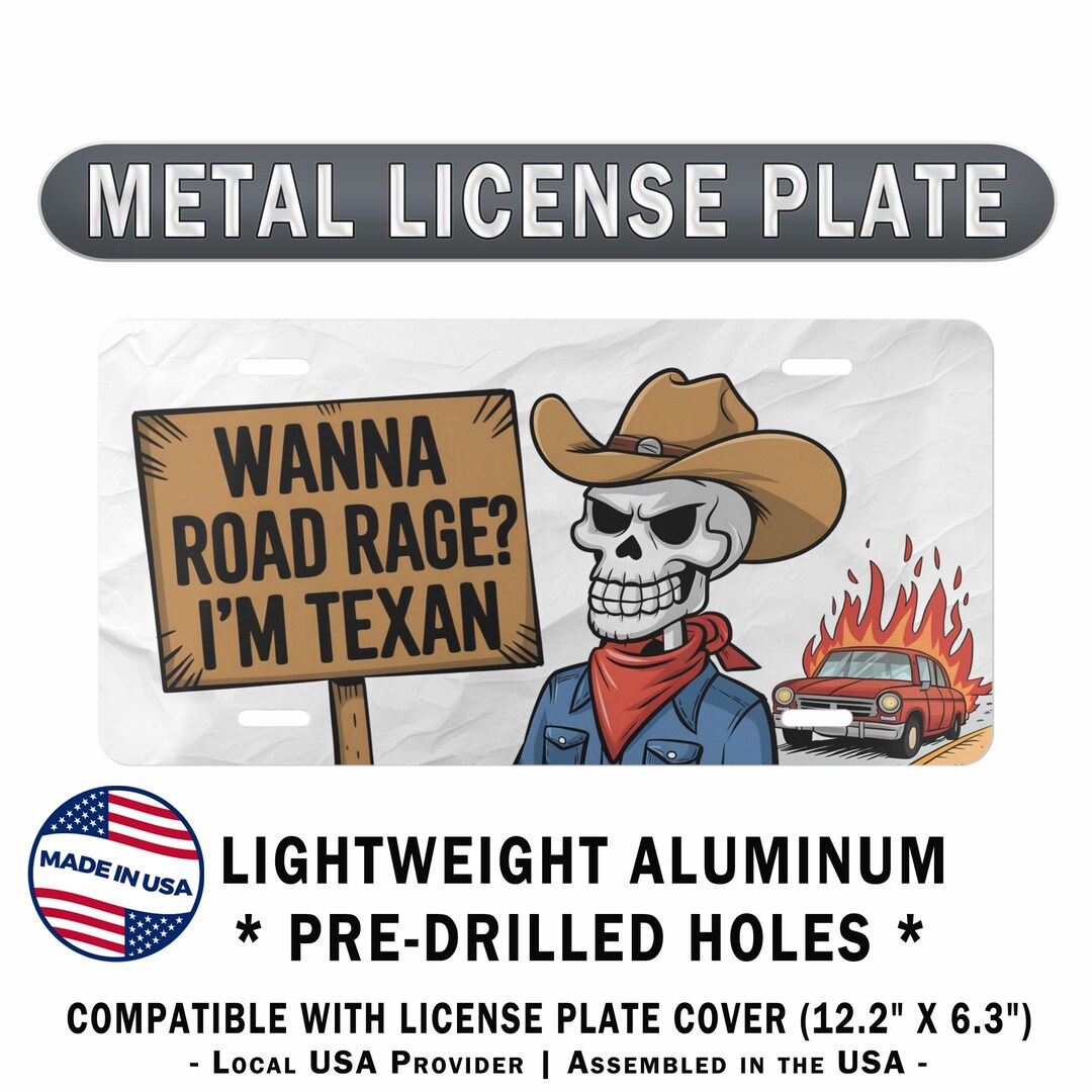 Texan Road Rage License Plate: Skull Cowboy Cartoon, Aluminum Vanity ...