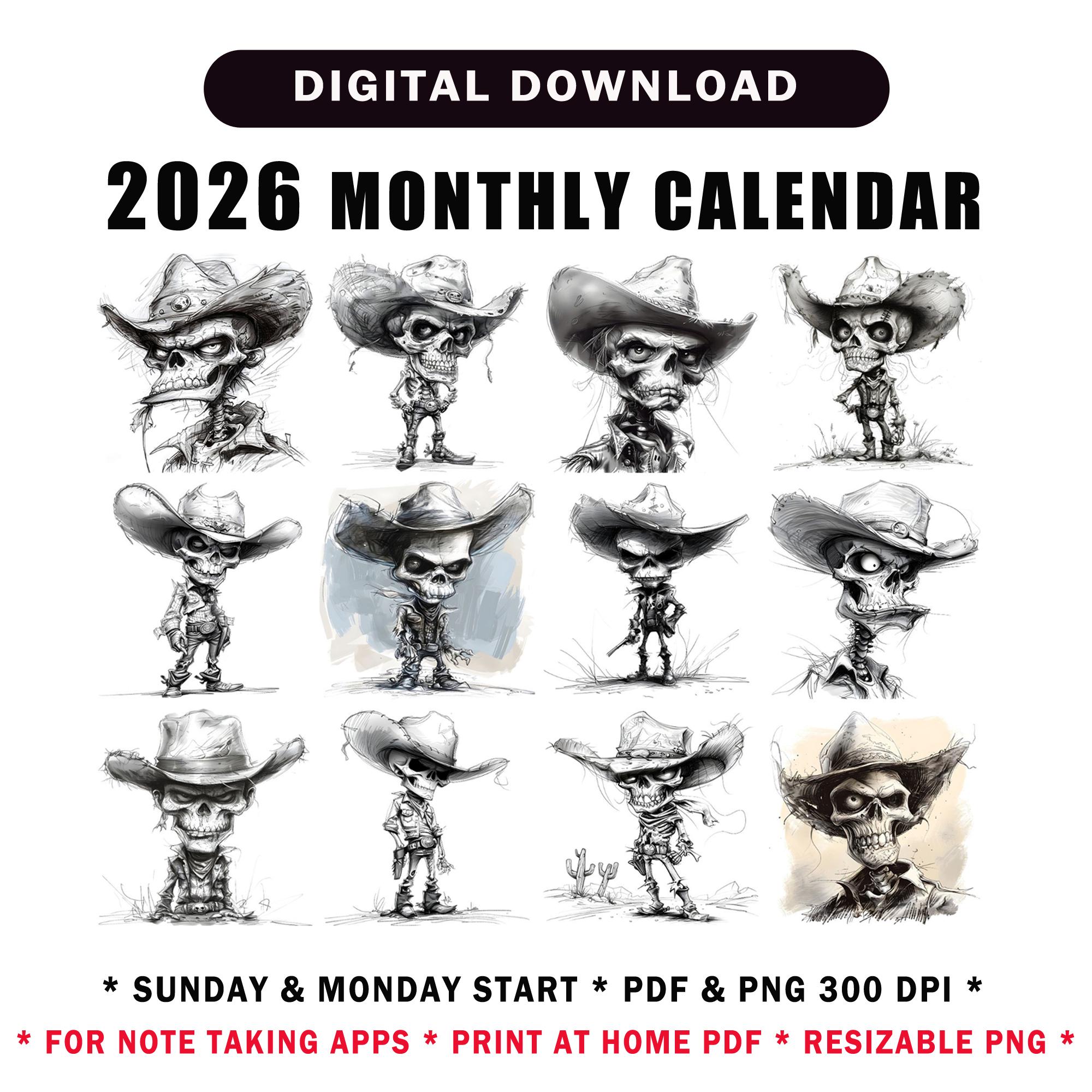 2026 Monthly Printable Planner: Skull Cowboy Handdrawn Art. Western ...
