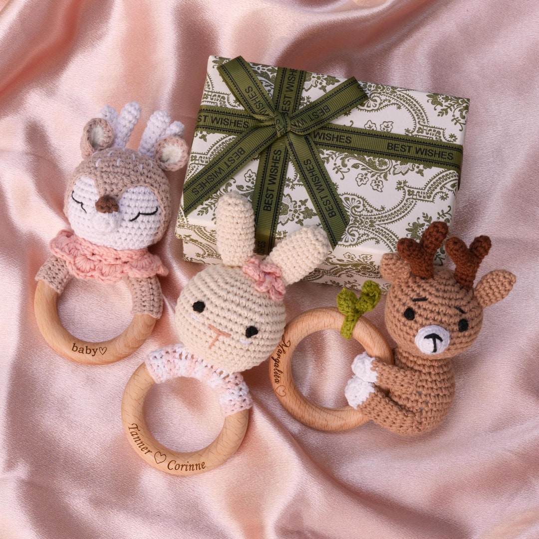 Personalized Crochet Baby Rattle, Custom Wooden Rattle With Engraved ...