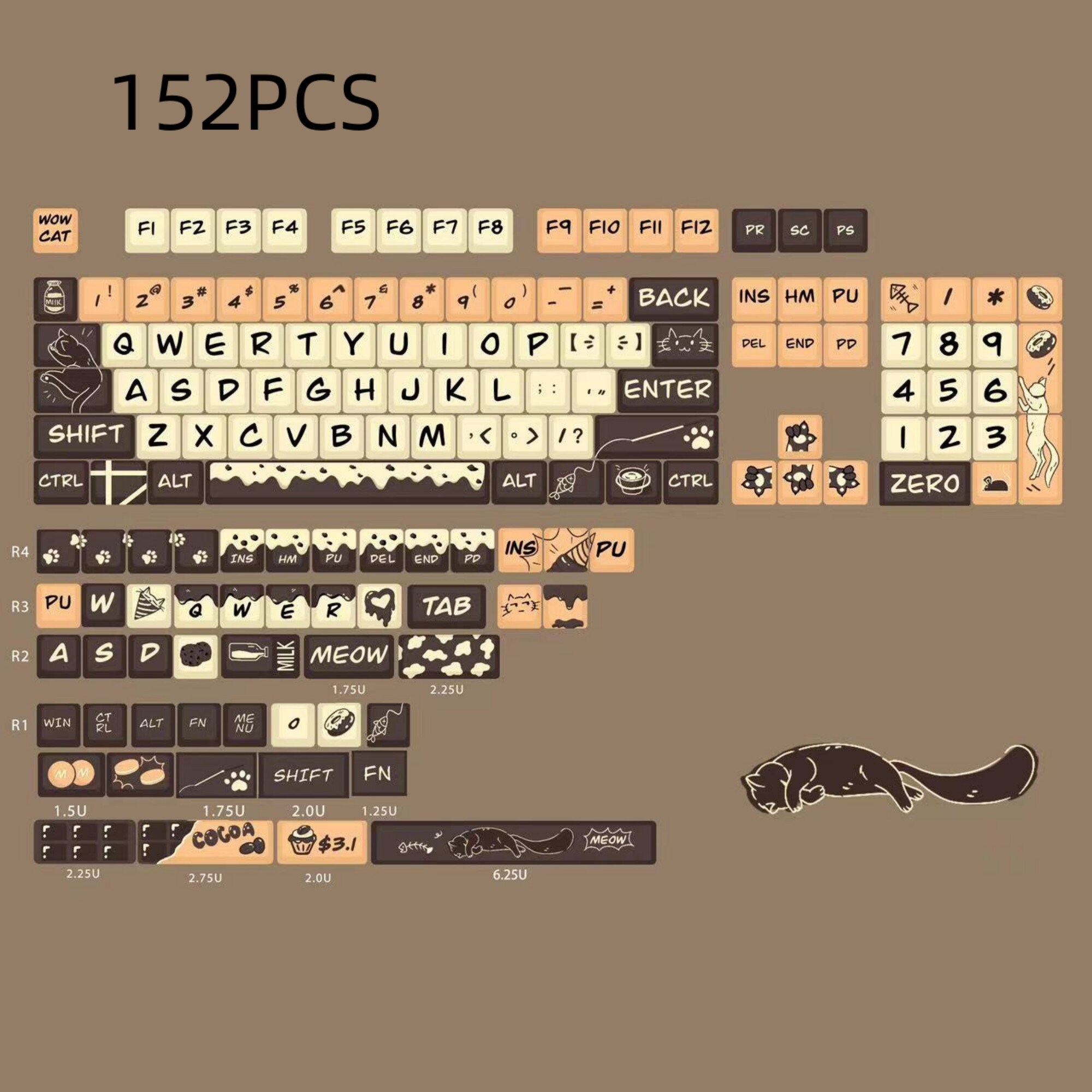 153PCS Chocolate Cat Theme Keycaps Set,cute Keycaps,kawaii Cat Keycap ...