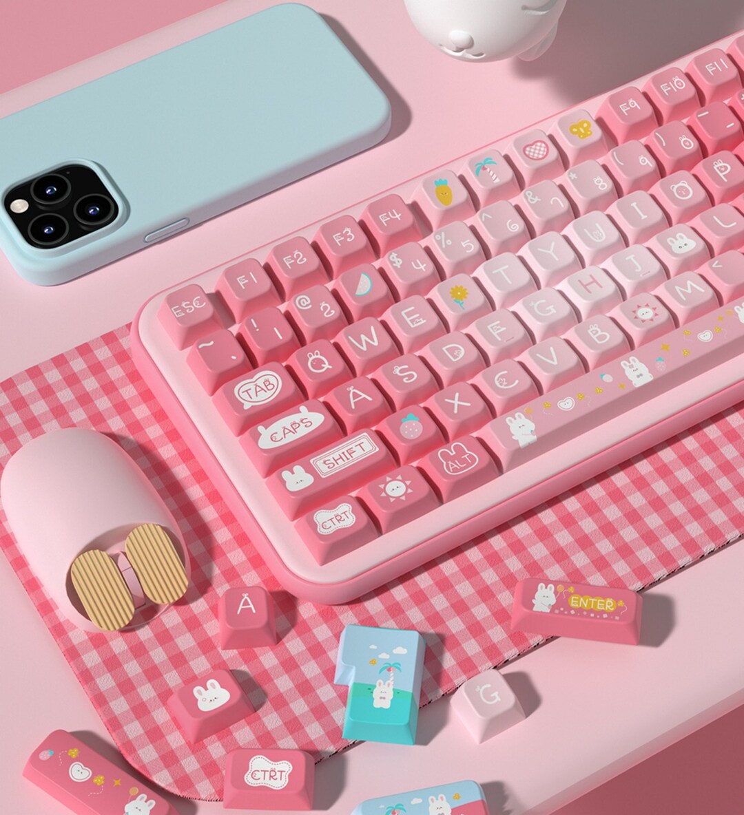 138pcs,pink Rabbit Theme Keycap Set,cute Keycap,gradient Pink Keycap ...