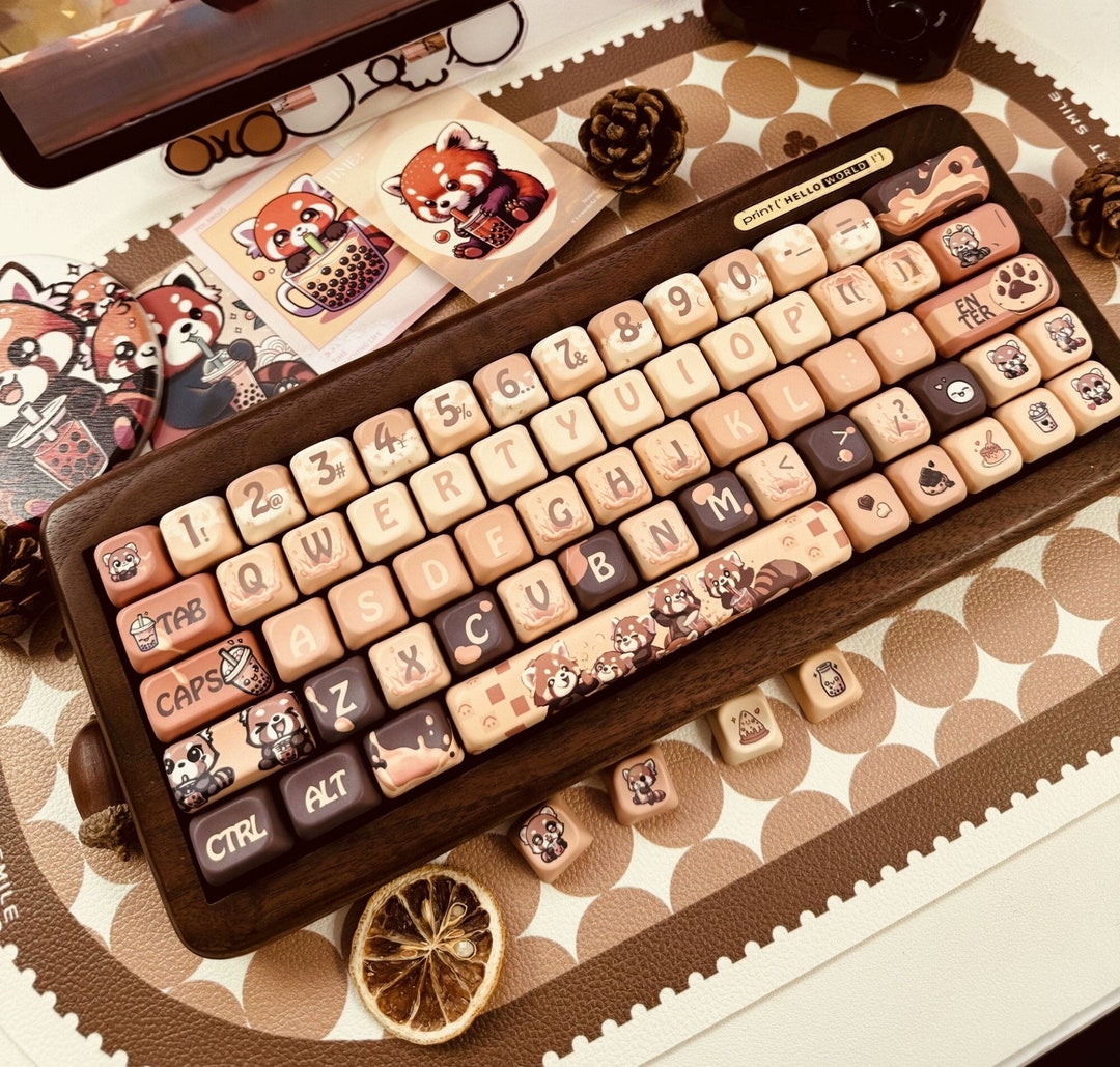 128key Red Panda Milk Tea Theme Keycap Set,cute Keycap,eoa Keycap,pbt ...