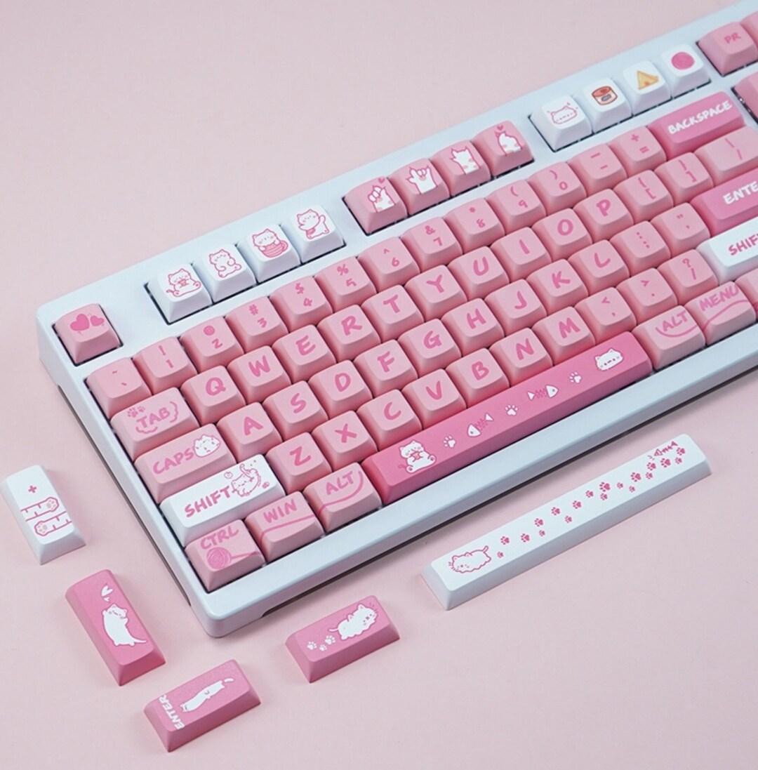 126keys Pink Cat Theme Keycap Set,cute Keycap,pink Keycap,pbt Keycap ...