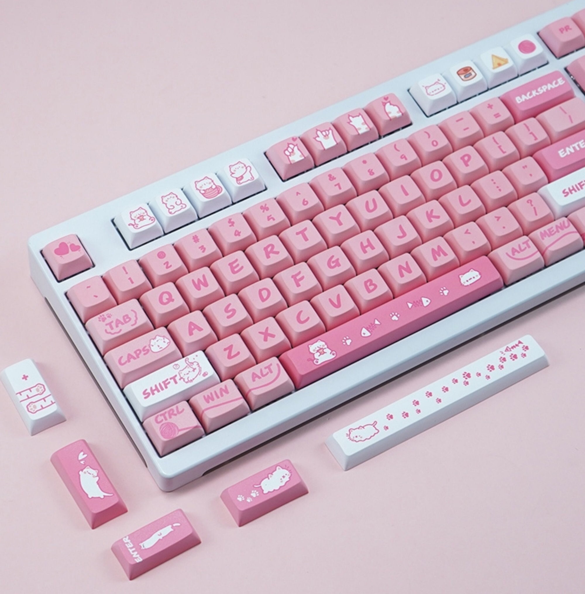 126keys Pink Cat Theme Keycap Set,cute Keycap,pink Keycap,pbt Keycap ...