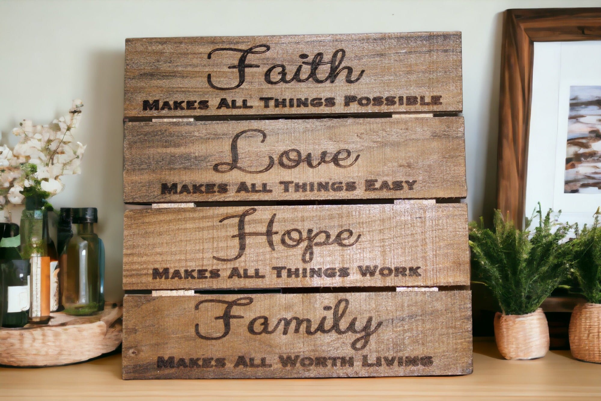 Faith, Love, Hope, Family Laser Engraved Pallet Sign, Home Decor ...