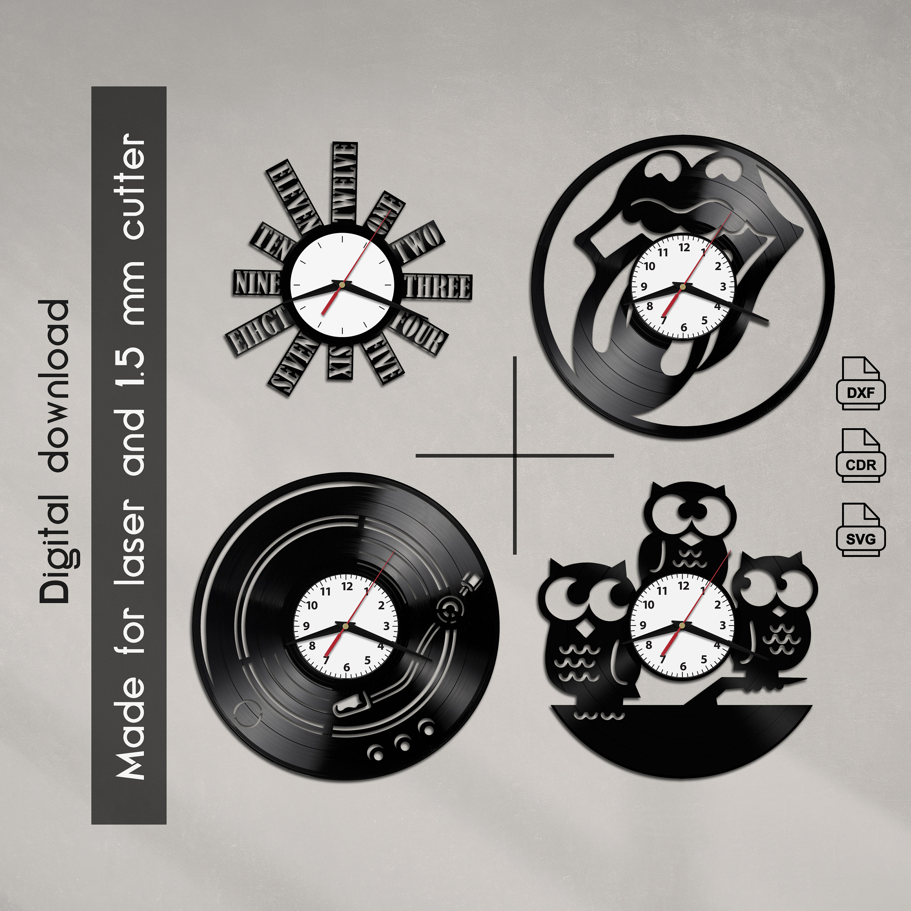 Digital Cnc Desing for Vinyl Clock, Dxf Cdr Svg File Vinyl Clock, Laser ...