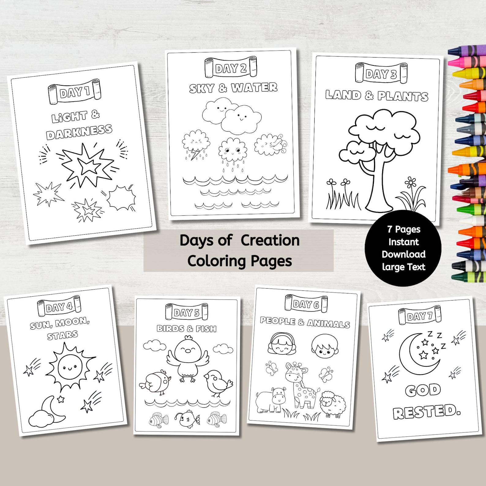 Days of Creation Coloring Pages, 7 Days of Creation Printable, Bible ...