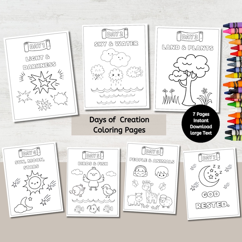Days of Creation Coloring Pages, 7 Days of Creation Printable, Bible ...