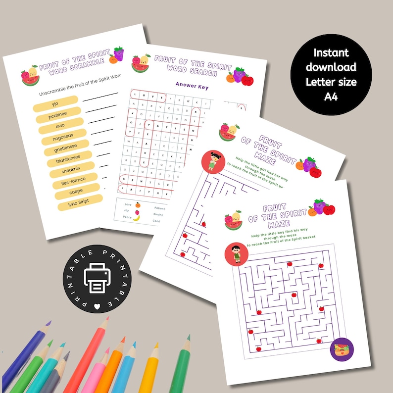 Fruit of the Spirit Kids Activity Sheets, Bible Lessons, Printable PDF ...