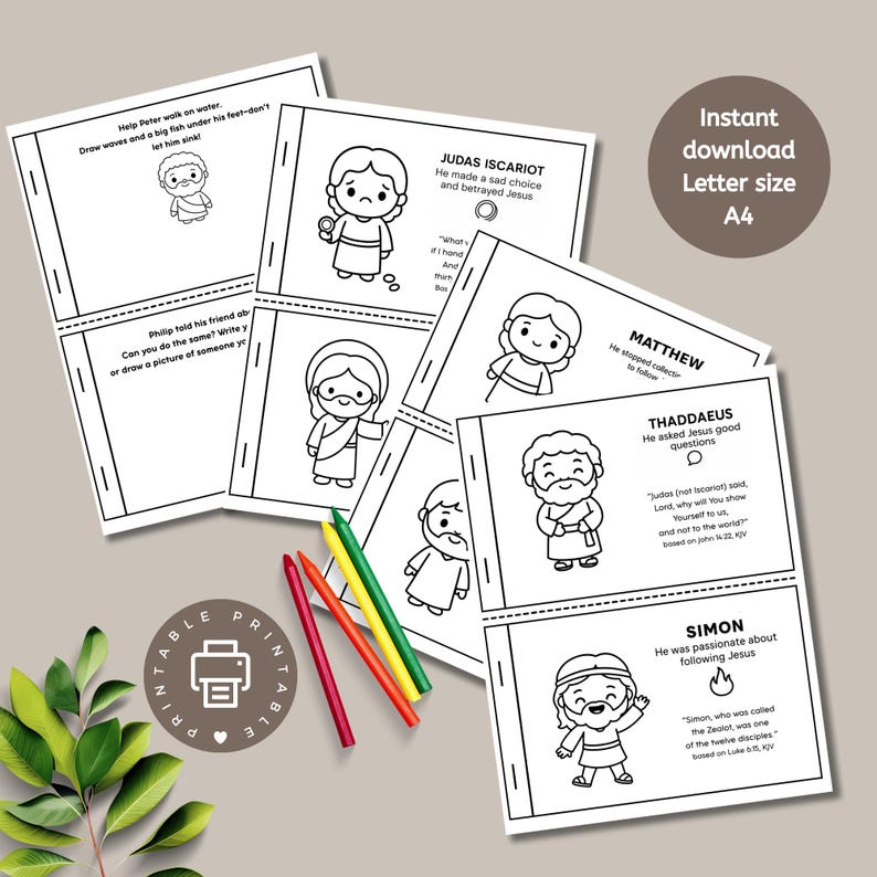 12 Disciples Craft for Kids, Printable Mini Coloring Pages Set, Jesus ...