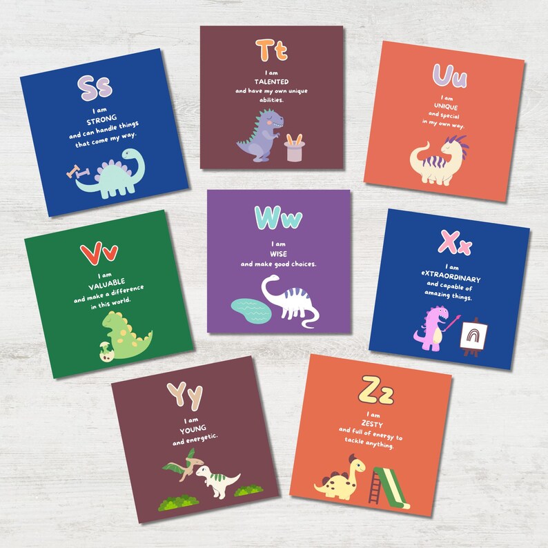 Dinosaur Alphabet Flashcards for Kids, Printable Affirmation Cards ...