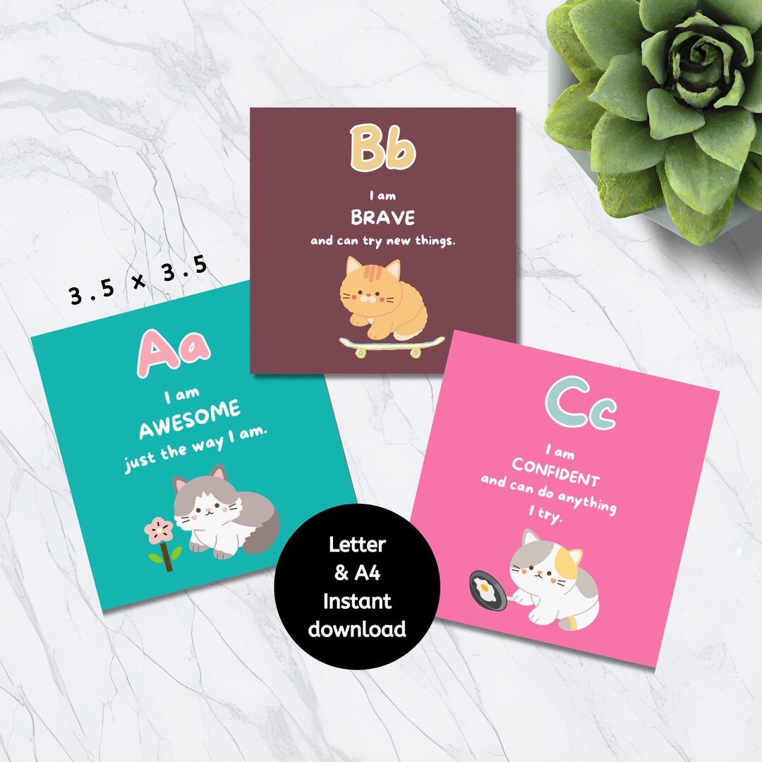Educational Kids Flash Cards, Cute Cat Alphabet, Printable Affirmation ...