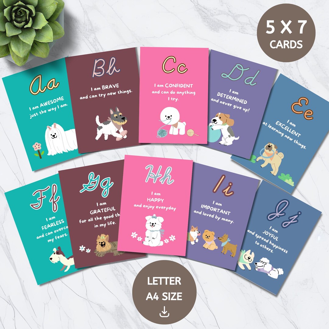 Alphabet Affirmation Cards, Positive Cursive ABC Flashcards With Dogs ...