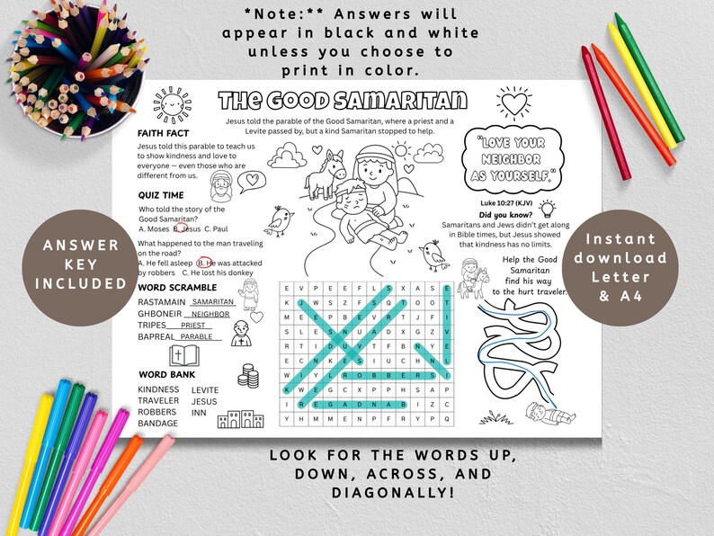 Good Samaritan Activity Sheet, Printable Bible Lesson Placemat for Kids ...