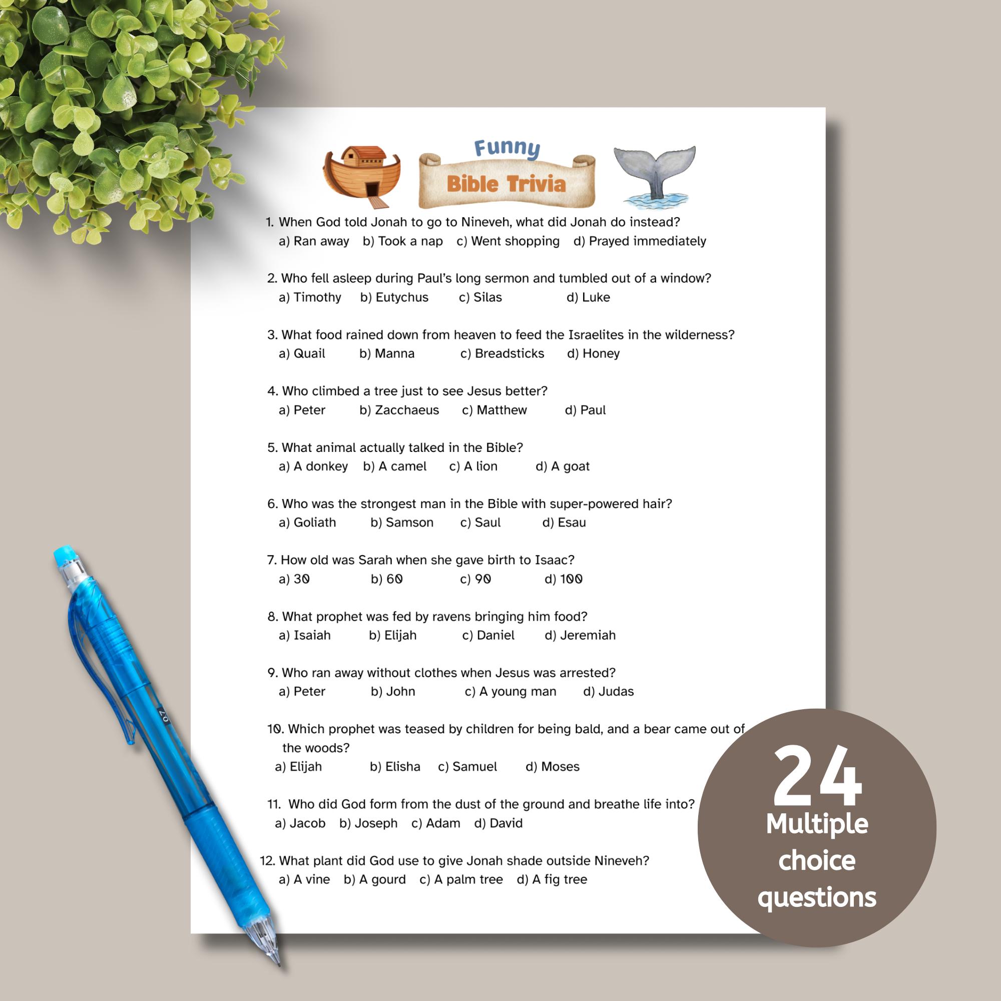 Funny Bible Trivia Game, Printable Quiz for Youth,teens & Adults, 24 ...