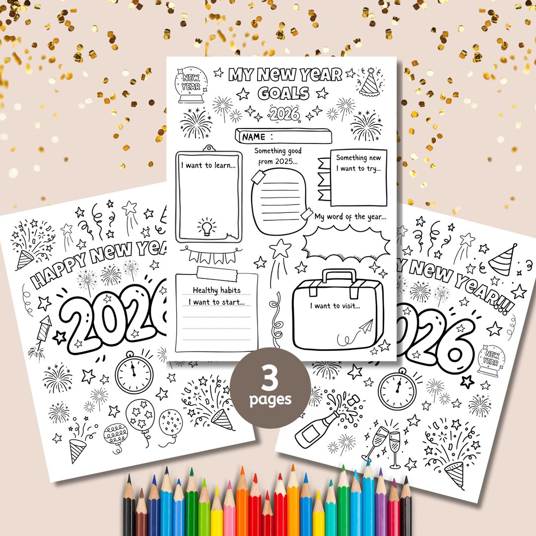 New Year Resolution Printable and 2026 Coloring Page Set for Kids ...