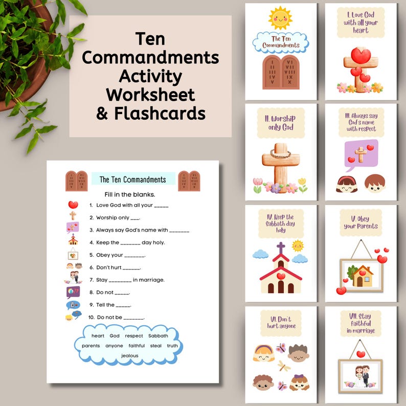 Ten Commandments Flashcards and Activity Sheet, Kids Bible Lesson PDF ...