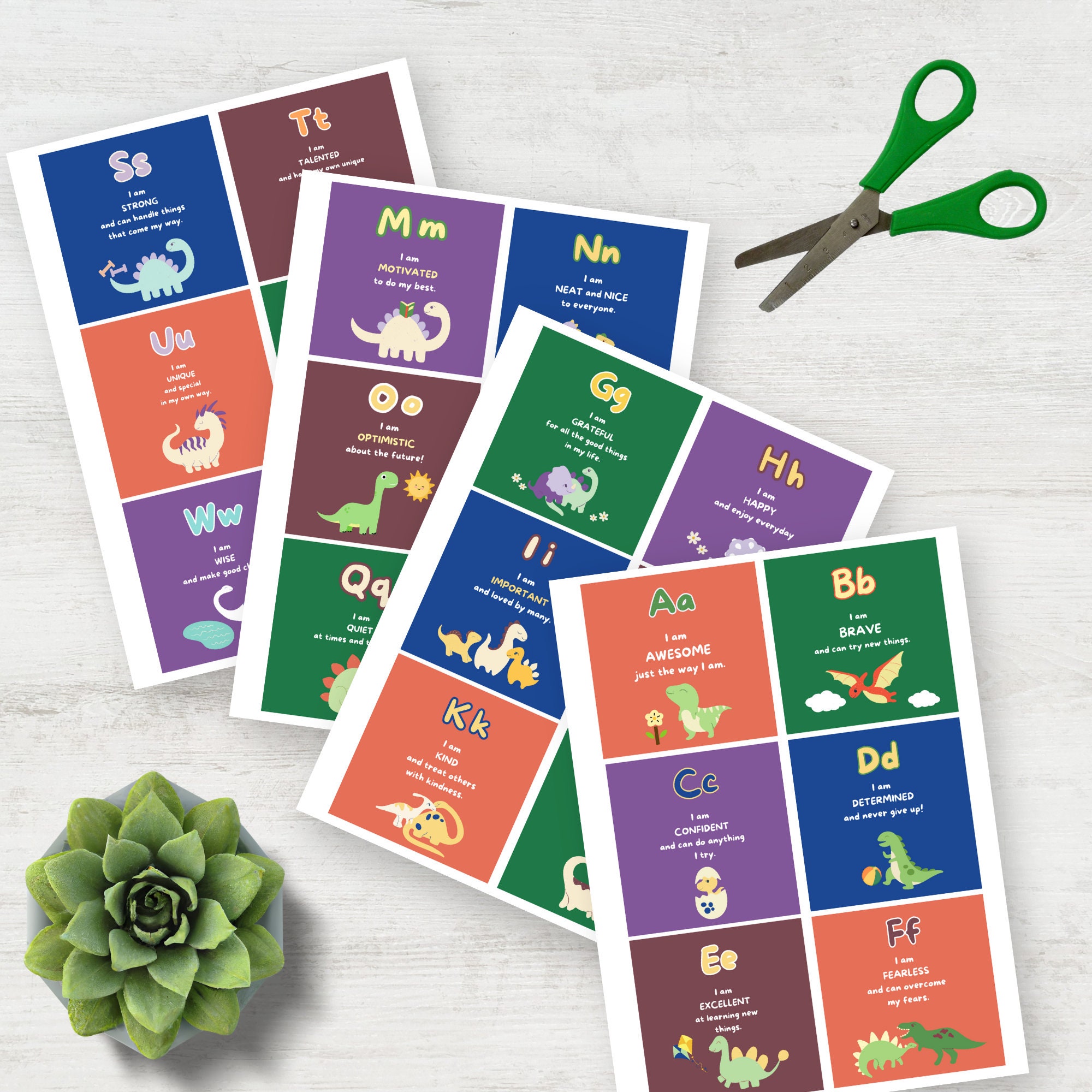 Dinosaur Alphabet Flashcards for Kids, Printable Affirmation Cards ...