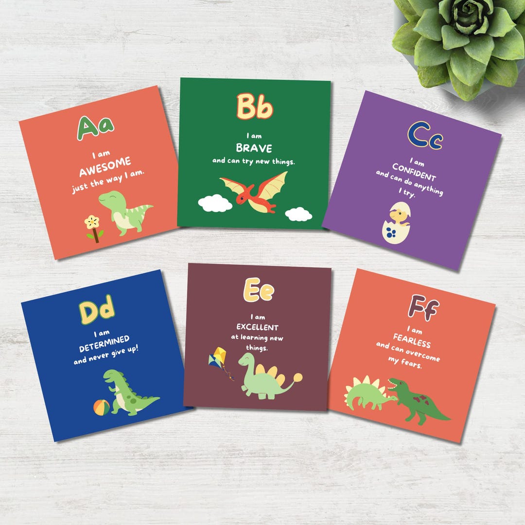 Dinosaur Alphabet Flashcards for Kids, Printable Affirmation Cards ...