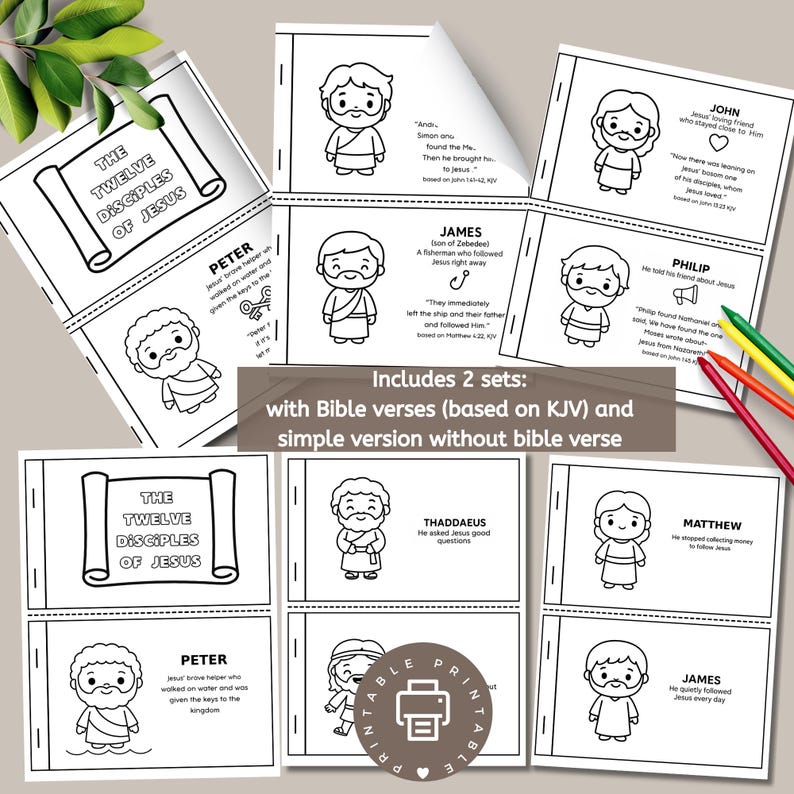 12 Disciples Craft for Kids, Printable Mini Coloring Pages Set, Jesus ...