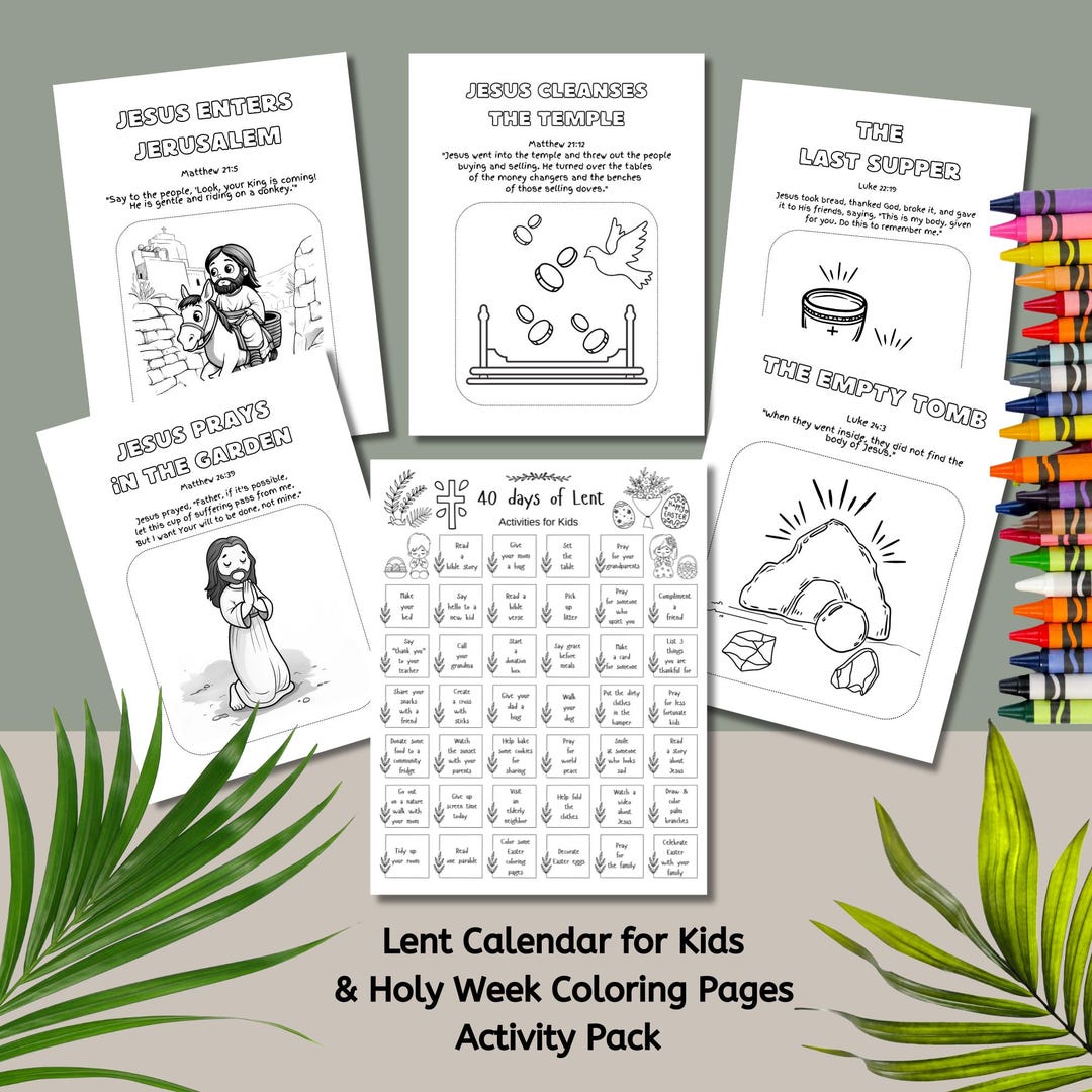 Kids Lent Activity Planner & Holy Week Coloring Pages Set, Easter ...