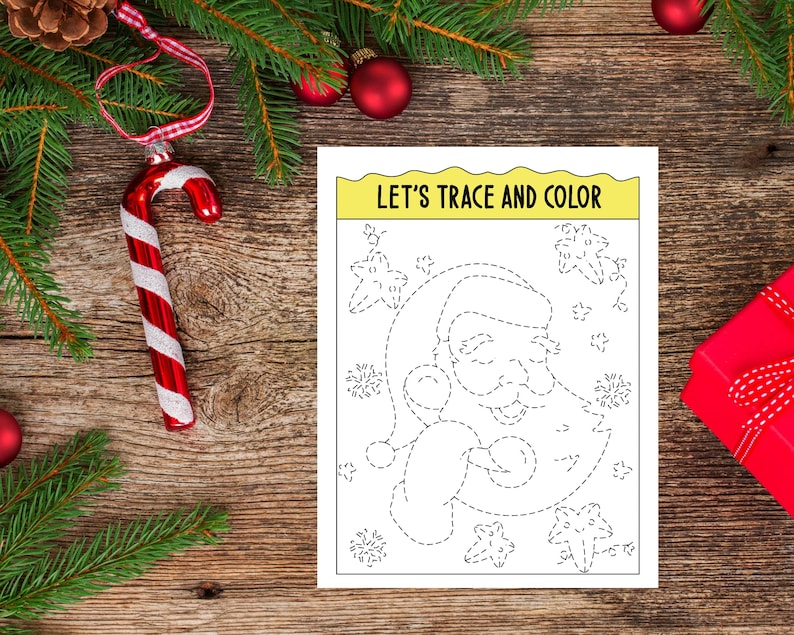 Santa Trace and Color, Kids Holiday Coloring Activity, Christmas Santa ...