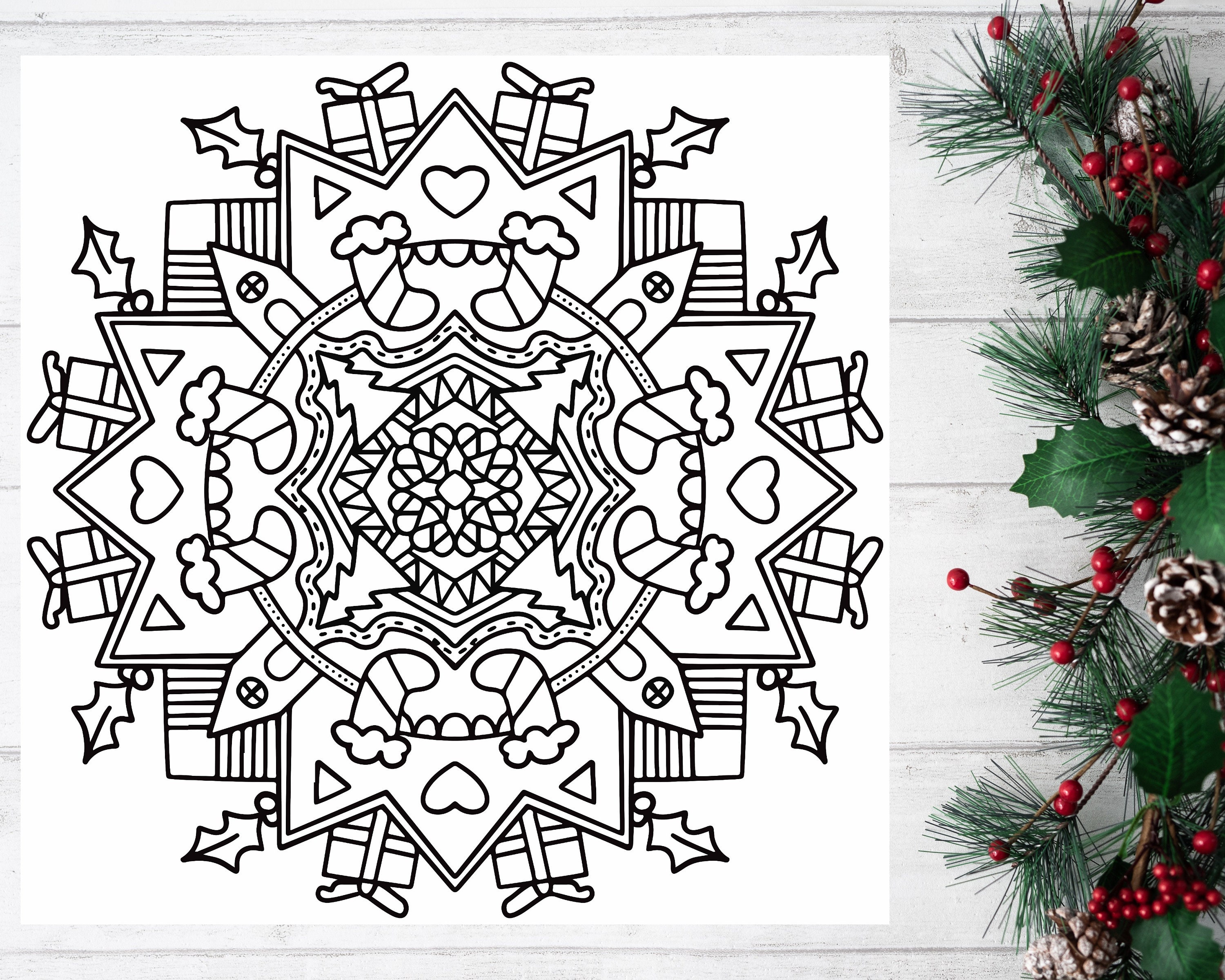 Christmas Mandala Coloring Page, Holiday Coloring Page, Mandala ...
