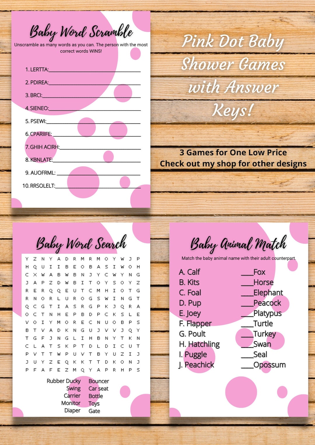 Pink Dot Baby Shower Downloadable/printable Games- Word Search, Match ...