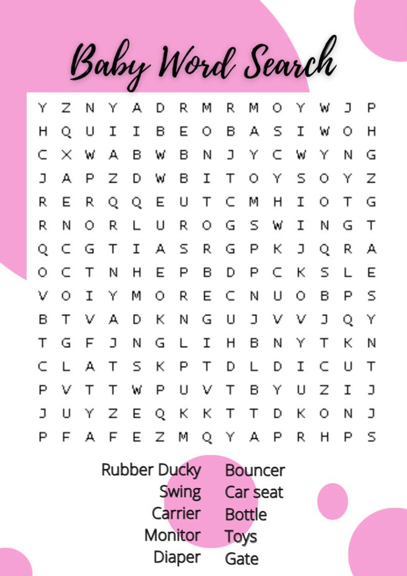 Pink Dot Baby Shower Downloadable/printable Games- Word Search, Match ...