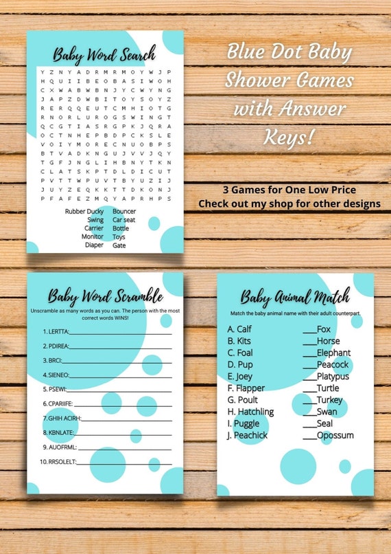 Blue Dot Baby Shower Games Word Search Match Baby Animals | Etsy