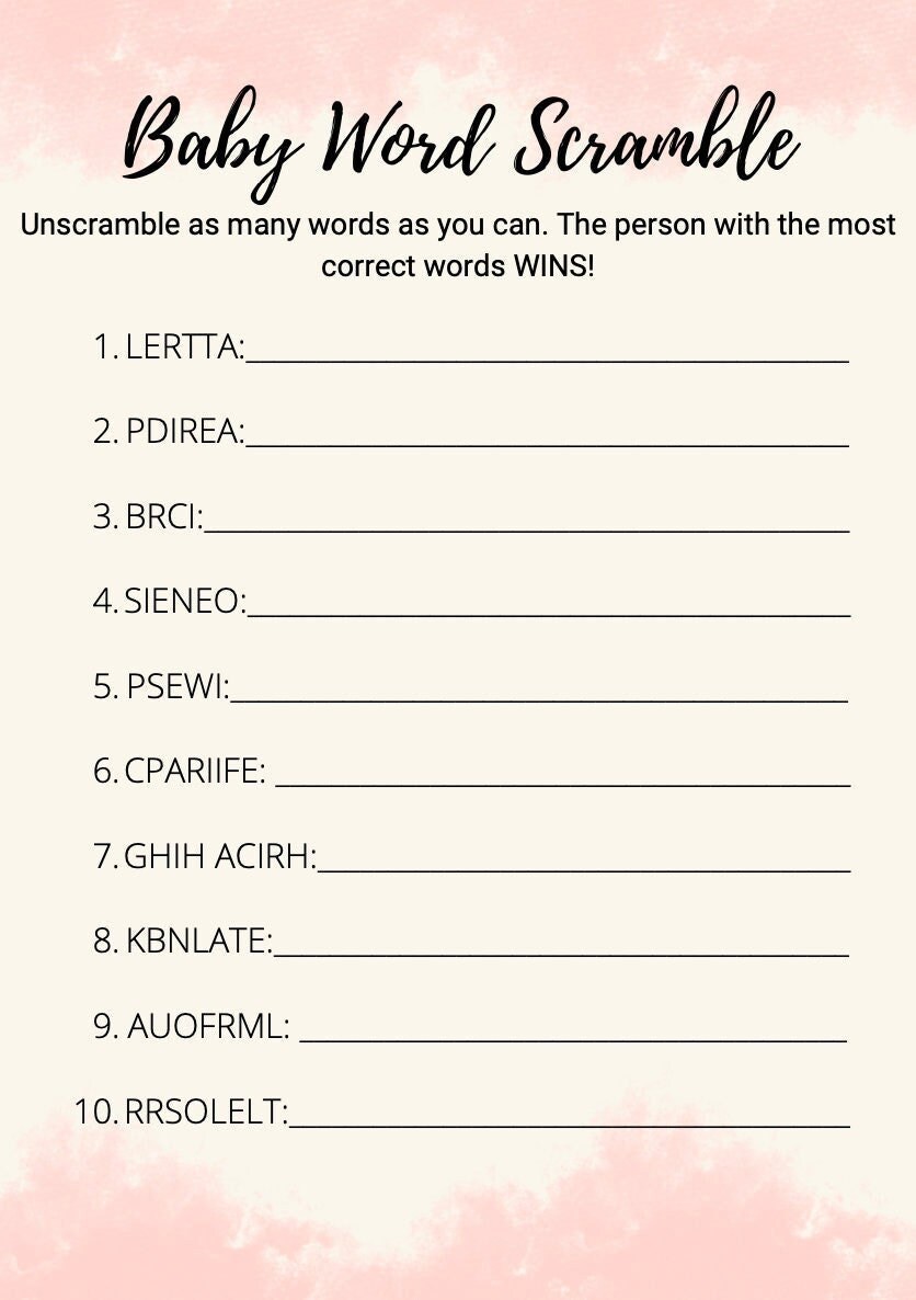 3 Baby Shower Games With Pink Theme and Answer Keys: Baby Word Scramble ...