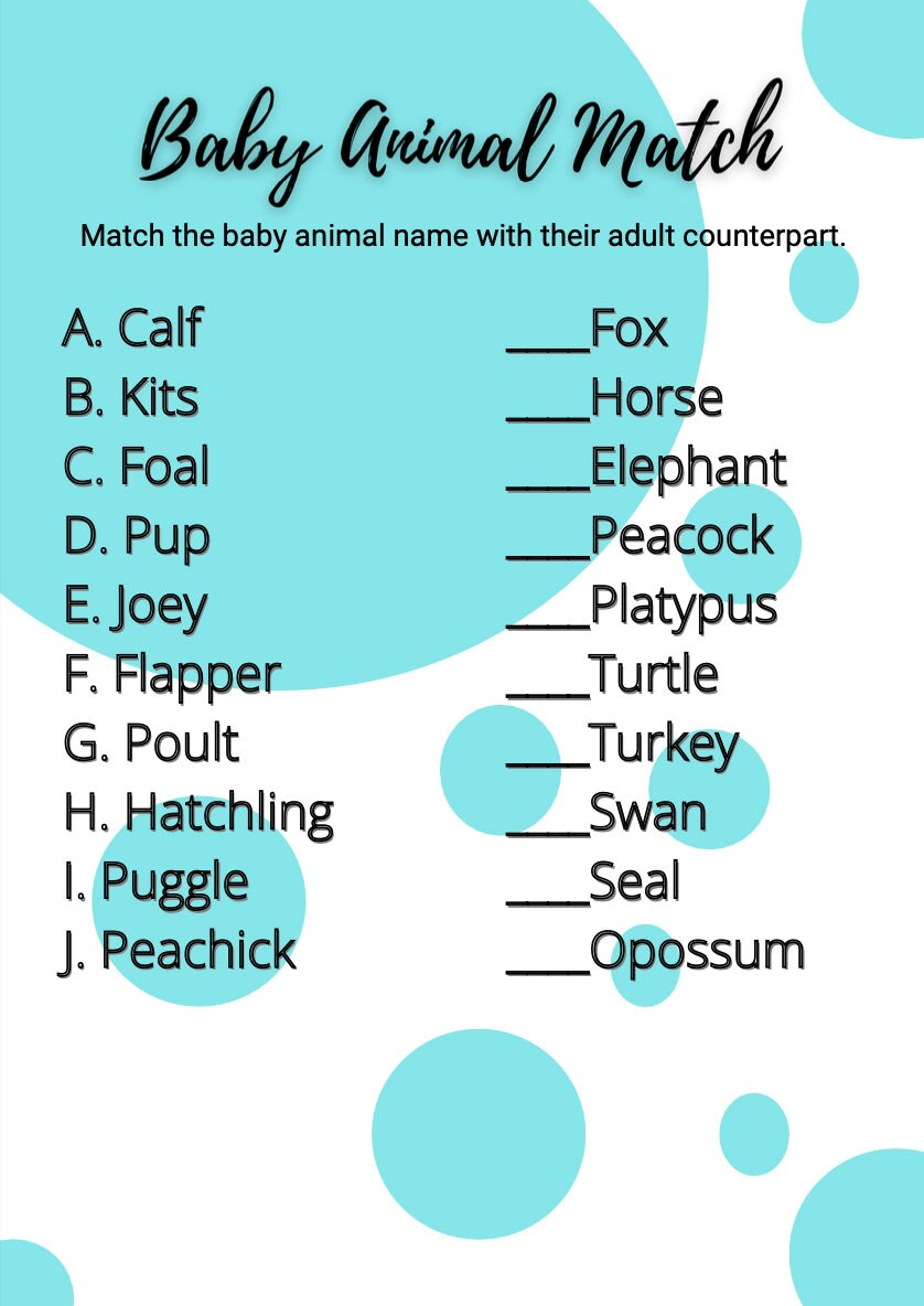 Blue Dot Baby Shower Games- Word Search, Match Baby Animals, and Word ...