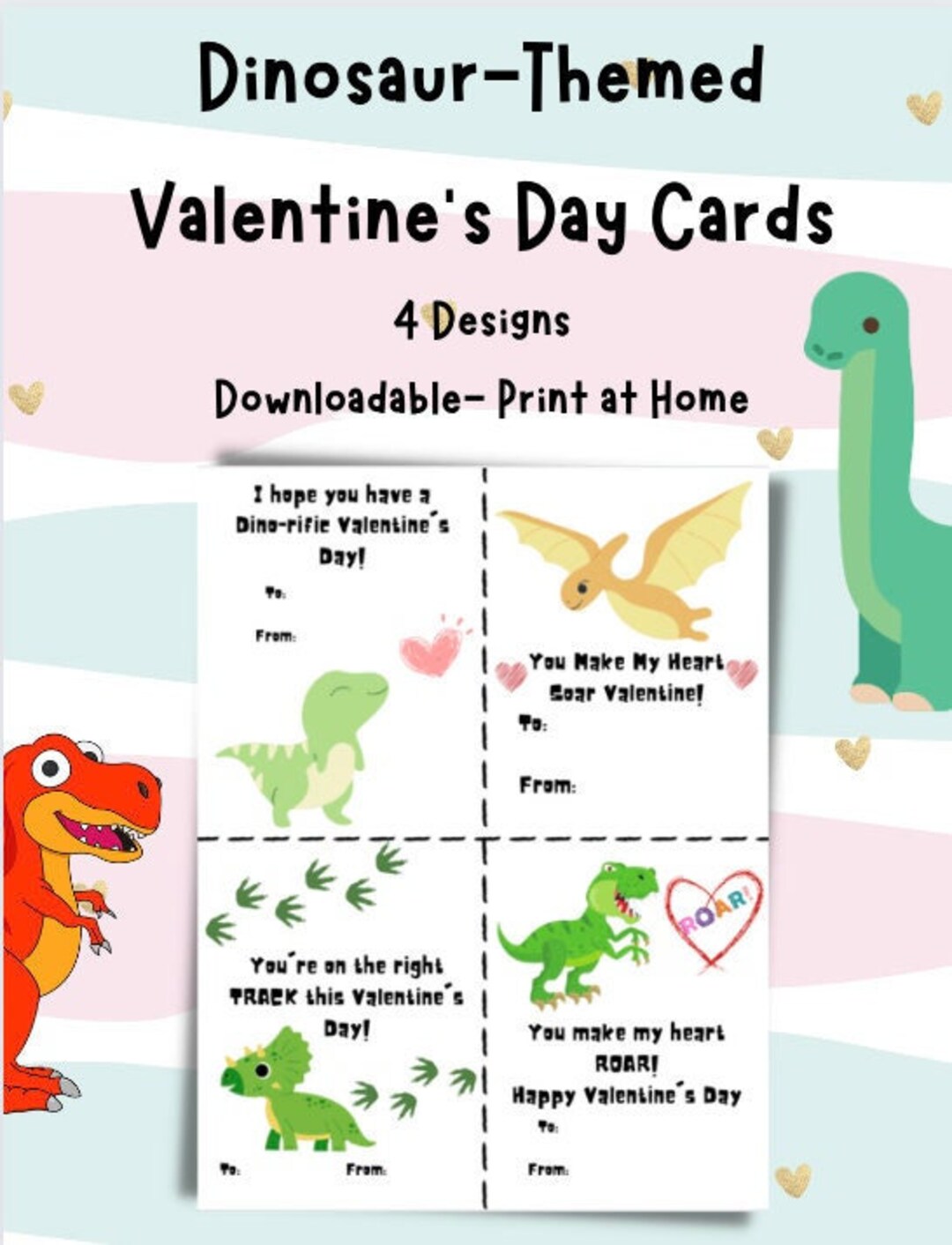 Dinosaur Themed Valentine's Day Cards-downloadable and - Etsy