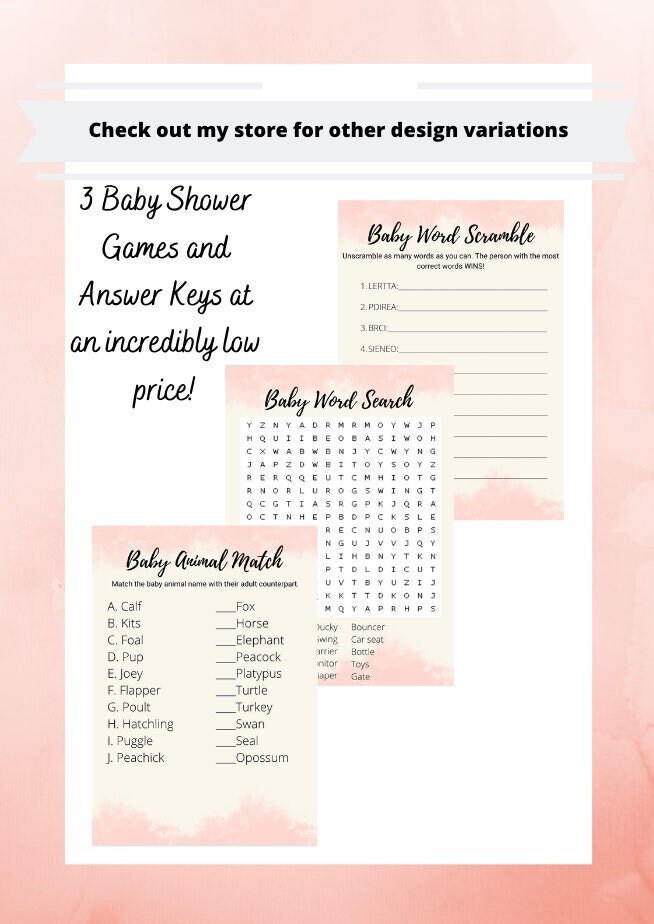 3 Baby Shower Games With Pink Theme and Answer Keys: Baby Word Scramble ...