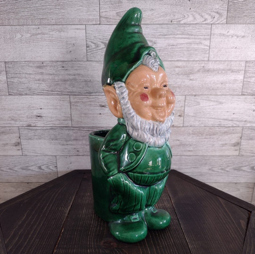 Vintage Ceramic Green Gnome Elf Figurine With Planter Figurine/vintage ...