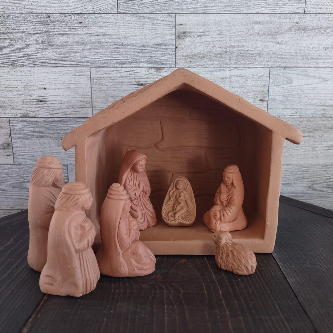 Vintage Handmade Ceramic Terra Cotta Clay Small Nativity Creche Manger ...