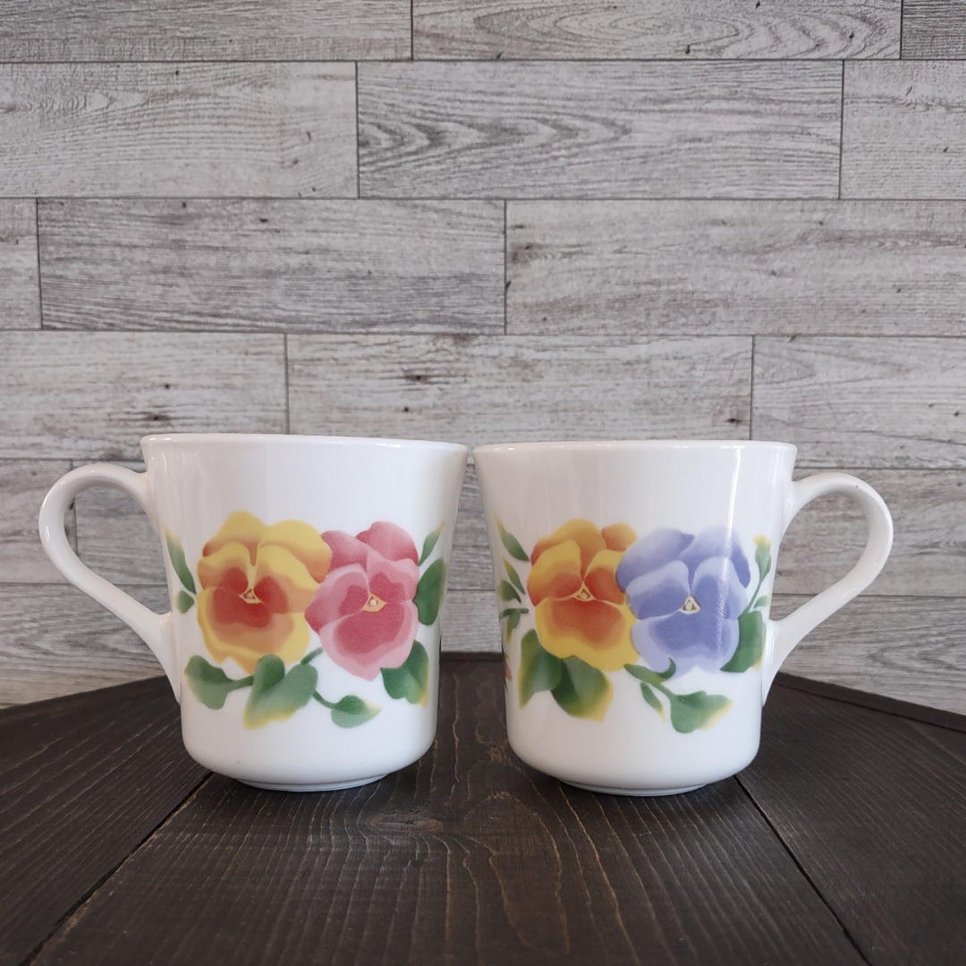 Vintage Corning Ware Pansy Tea Cups Coffee Mugs Set of 4 Summer Blush ...