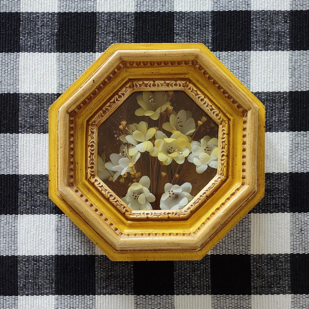Vintage 1970’s Octagon Shadow Box Wood Frame Yellow Dried Faux Flowers ...