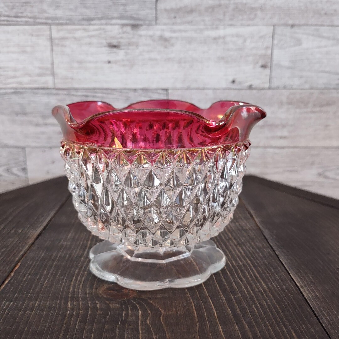 Vintage Indiana Glass Diamond Point Ruby Pattern Pedestal Dish Ruffled ...