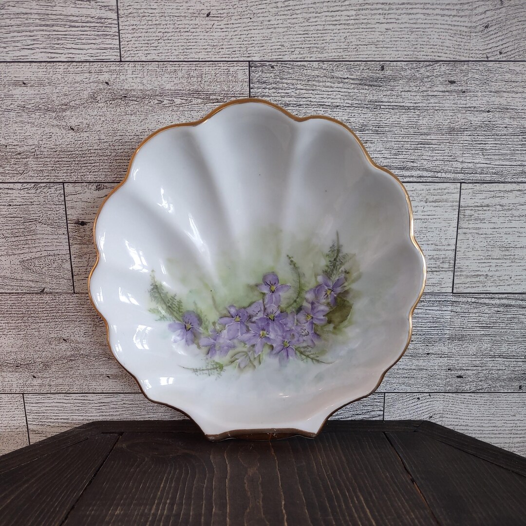 Vintage Mid Century Ceramic Shell Trinket Dish Purple Violets Gold ...