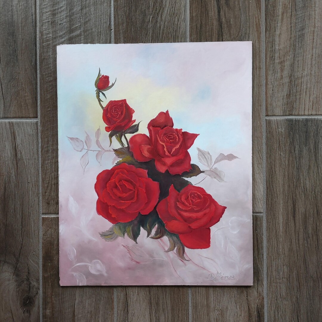 Vintage Original Red Roses Acrylic Oil Painting on Pressed Board 20 X ...