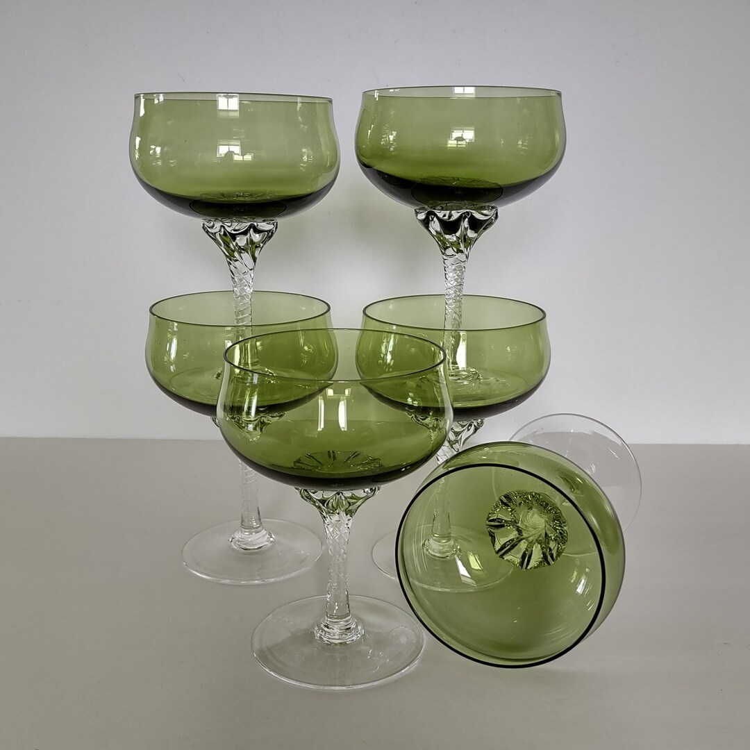 Vintage Mid Century Light Green Sasaki Champagne Glasses Twist Clear Stem Set Of 6 Japanvintage